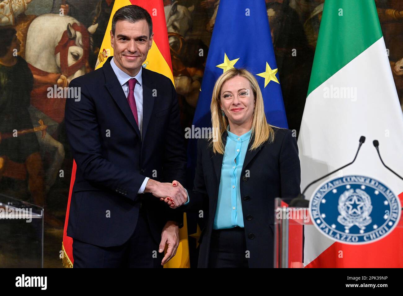 April 5, 2023, Rome, Italy: Italian Premier GIORGIA MELONI (R) with ...