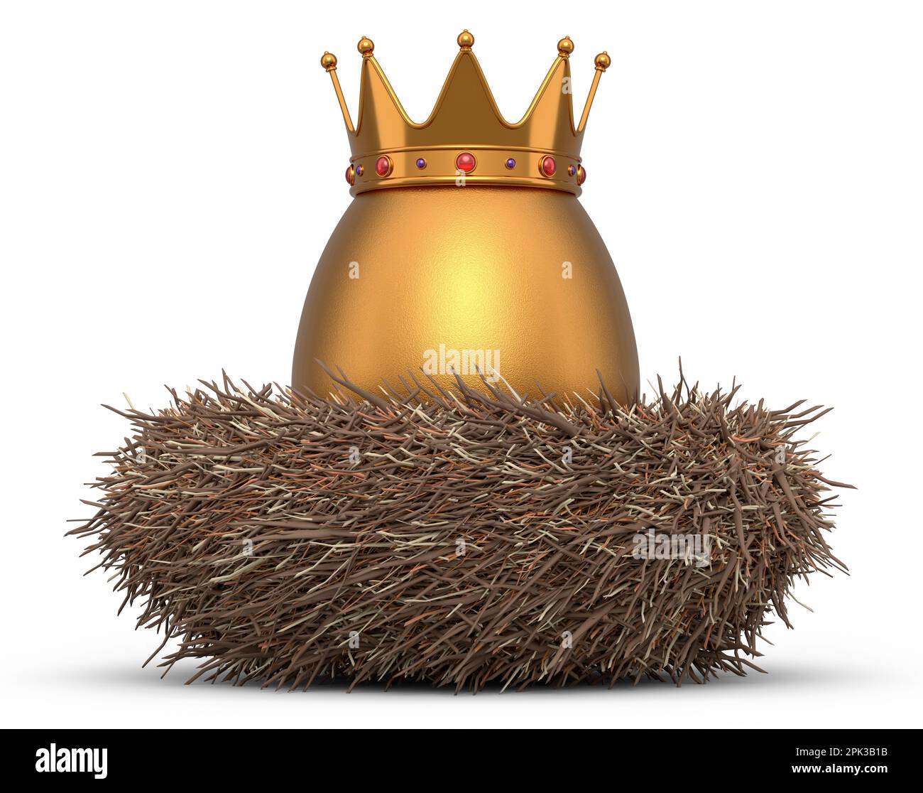 Farm gold egg with gold royal king crown in bird nest isolated on white ...