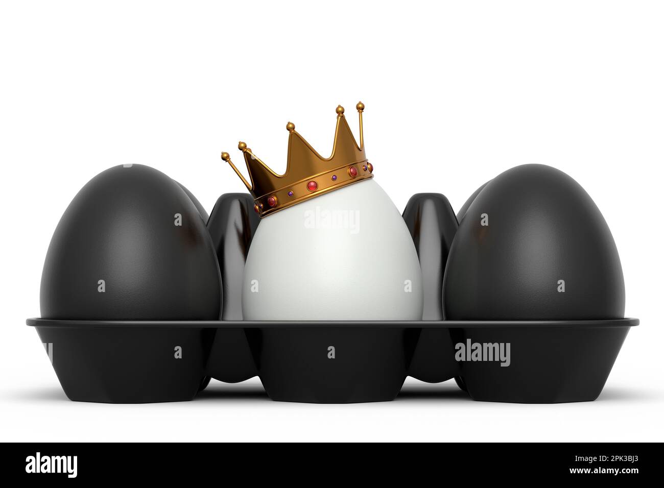 Unique white egg in gold royal crown standing in plastic tray with ...