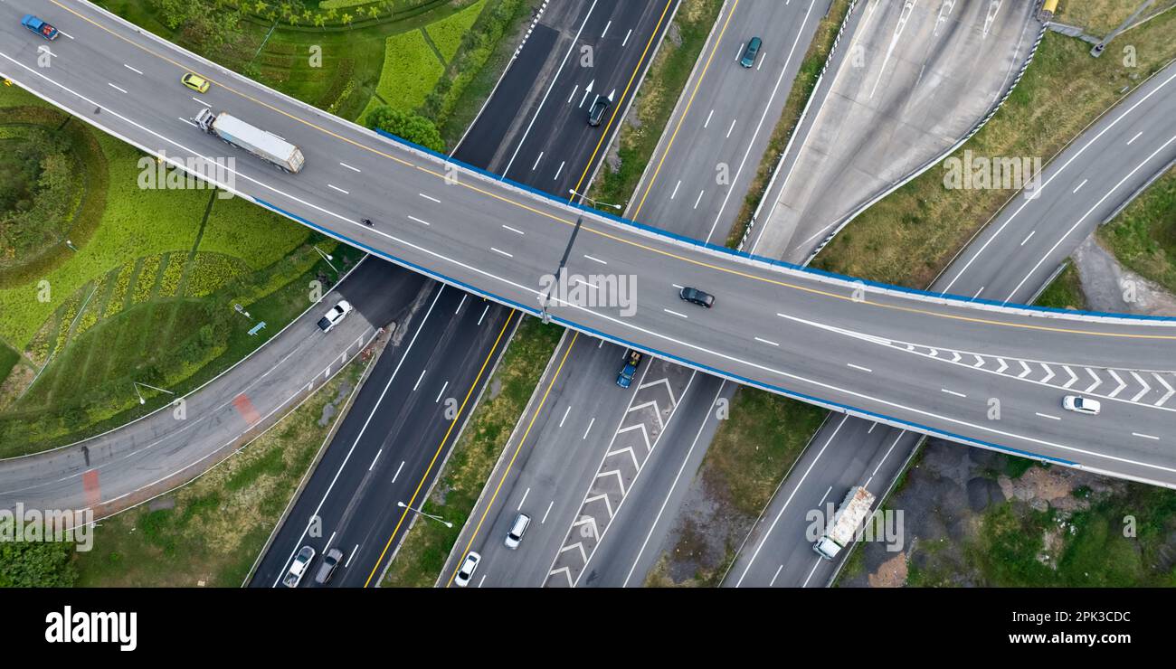 Aerial top view of highway junction interchange road. Drone view of the ...