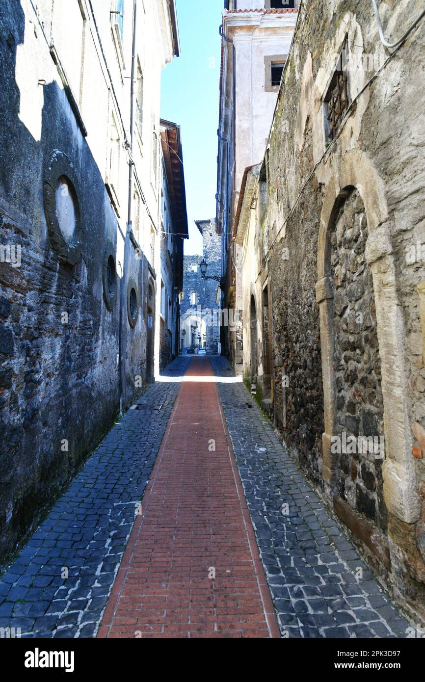 A narrow street among the old houses of Pofi, a medieval town in the ...