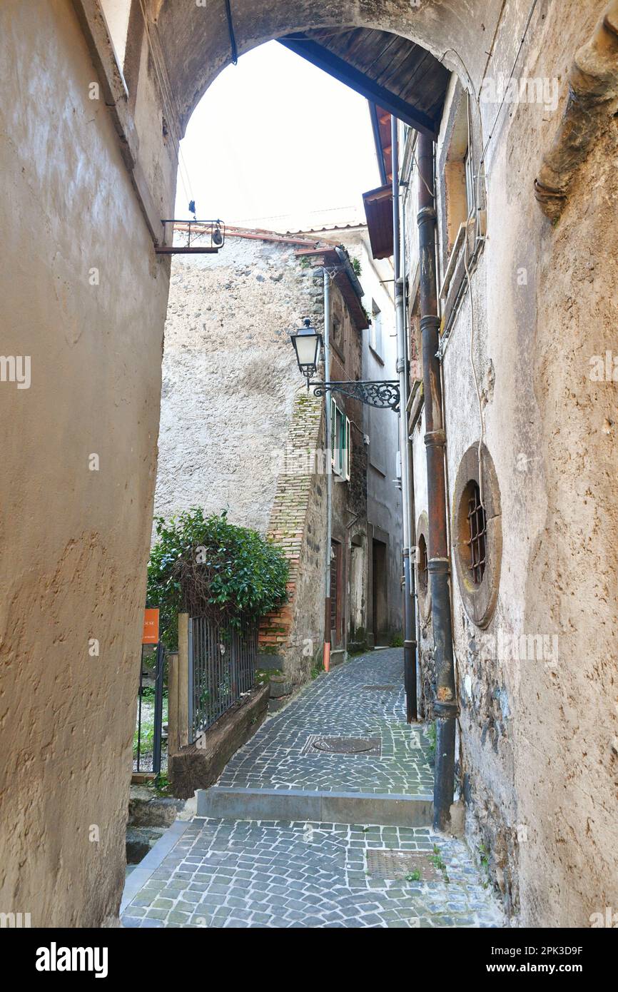 A narrow street among the old houses of Pofi, a medieval town in the ...