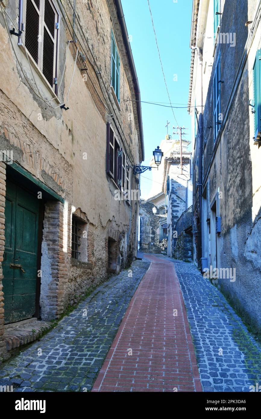 A narrow street among the old houses of Pofi, a medieval town in the ...