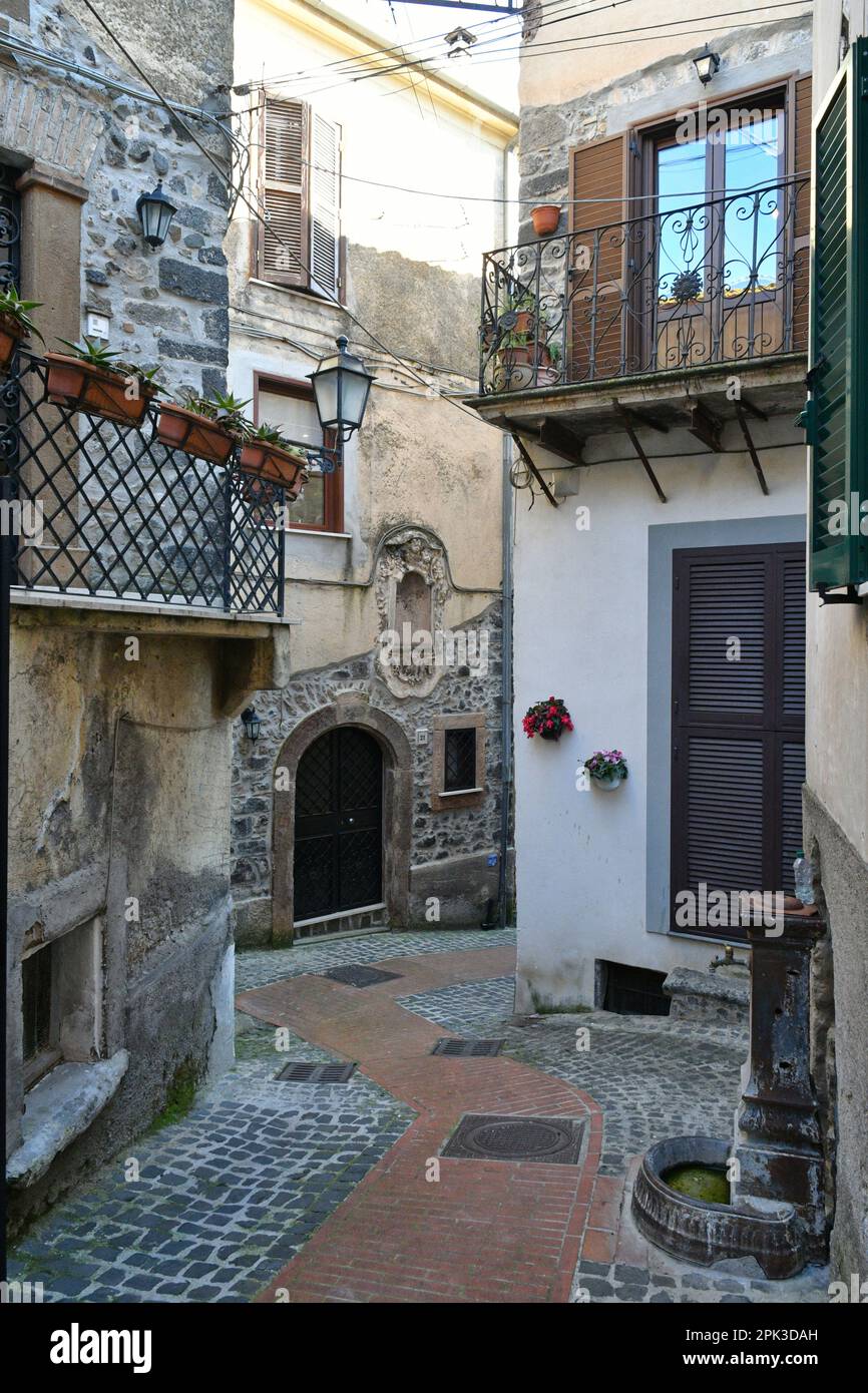 A narrow street among the old houses of Pofi, a medieval town in the ...
