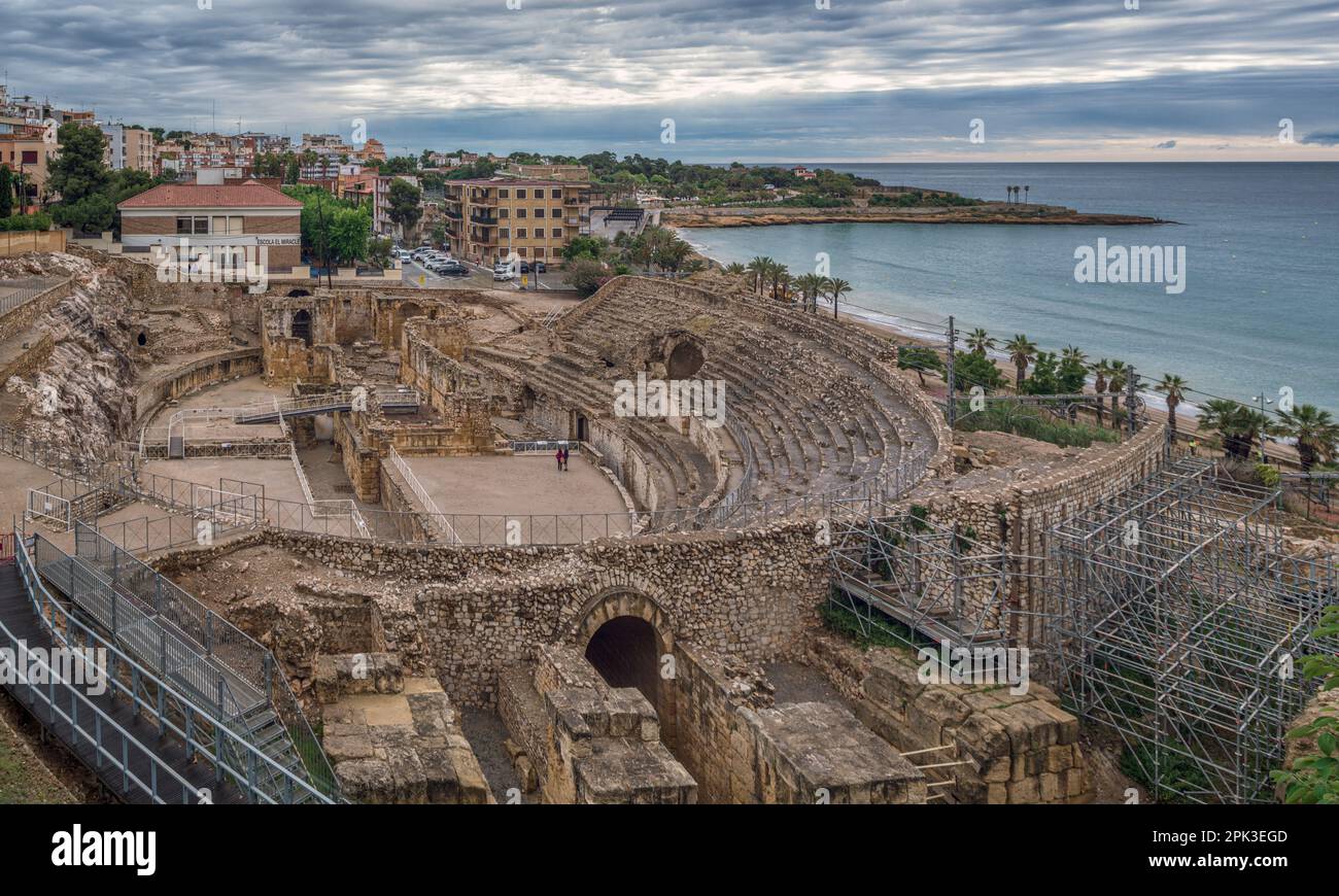 Tarraco amphitheater, Roman building very close to the sea, behind the ...