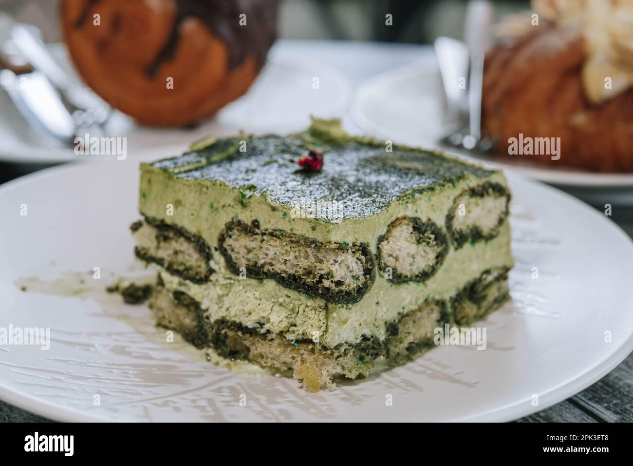 Close-up and details shot of Layered Japanese Matcha Cake on a white ...