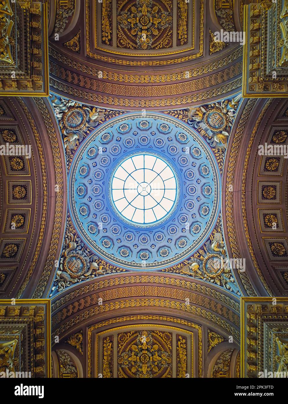 View underneath the glass dome and golden ornate ceiling, architectural ...