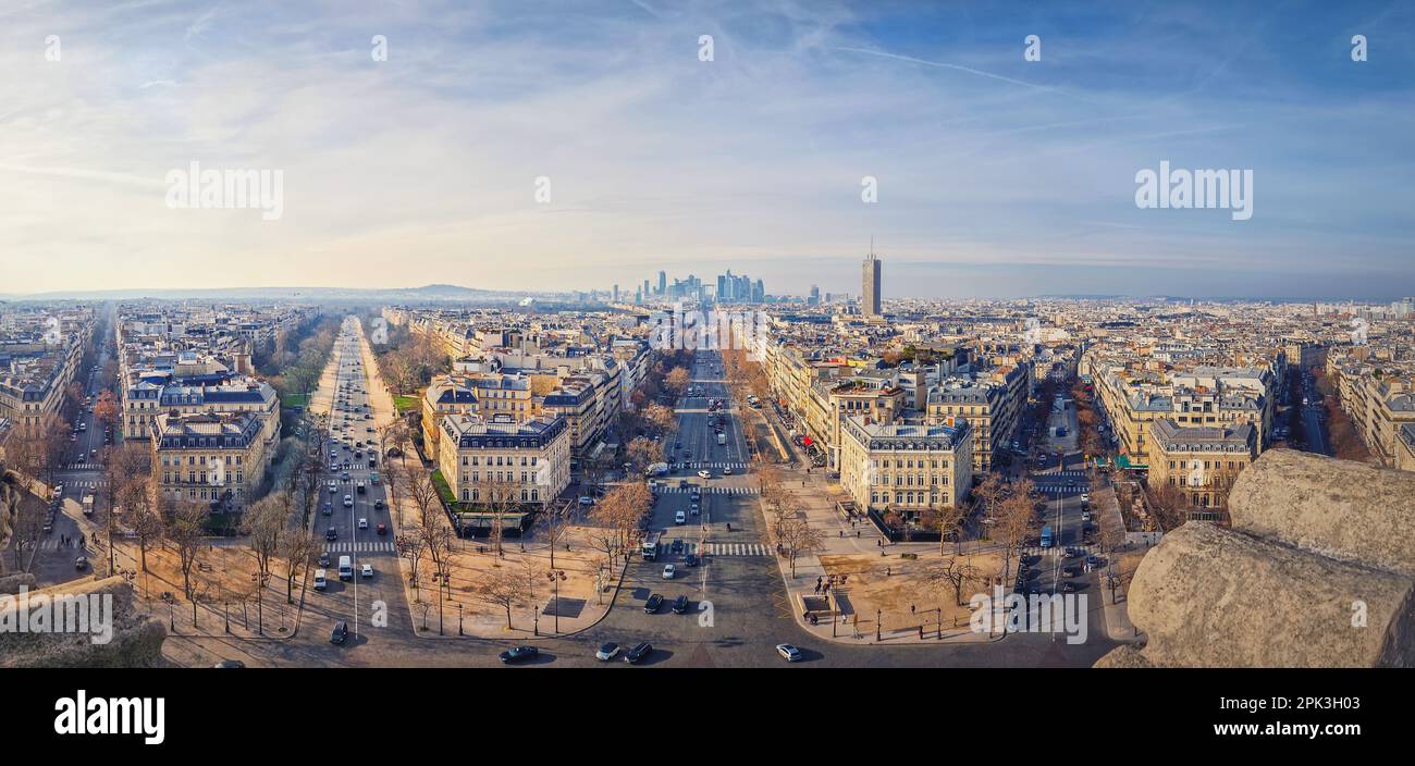 Wide angle Paris cityscape with view to La Defense metropolitan ...