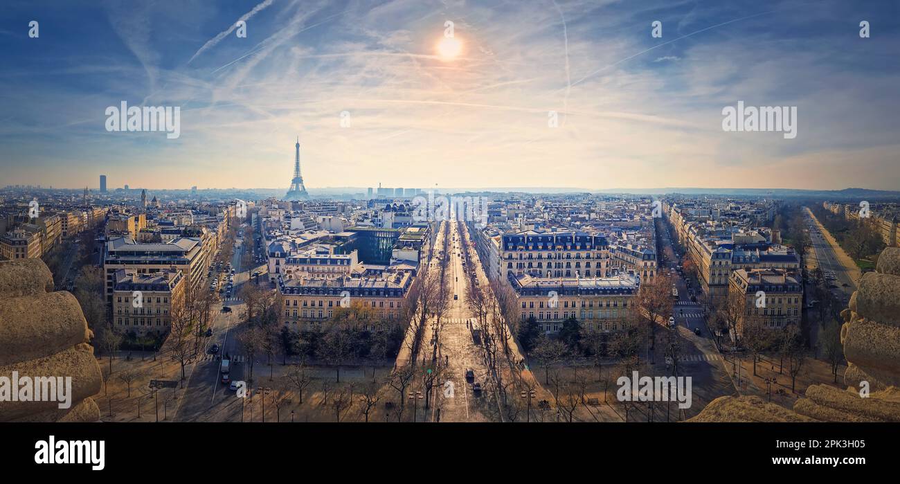 Wide angle Paris cityscape panorama with view to the Eiffel Tower ...