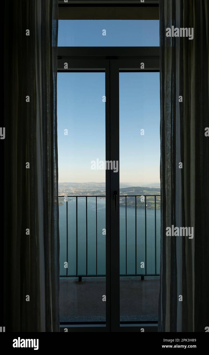 Window View with Balcony over Lake Lucerne and Mountain in Burgenstock ...