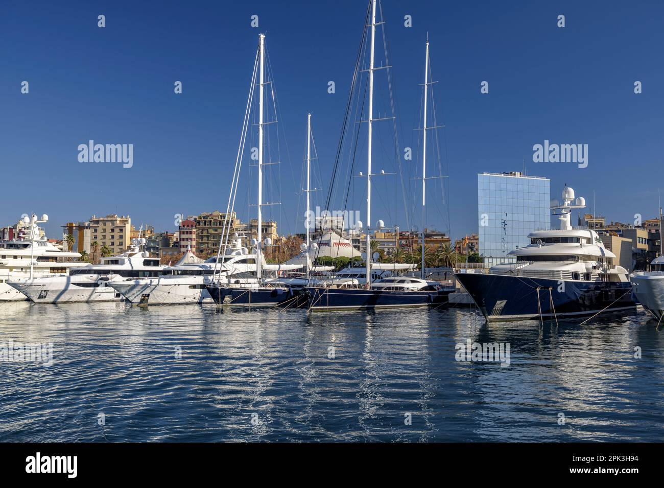 Boats moored in the Port Vell (old port) of Barcelona (Catalonia, Spain ...