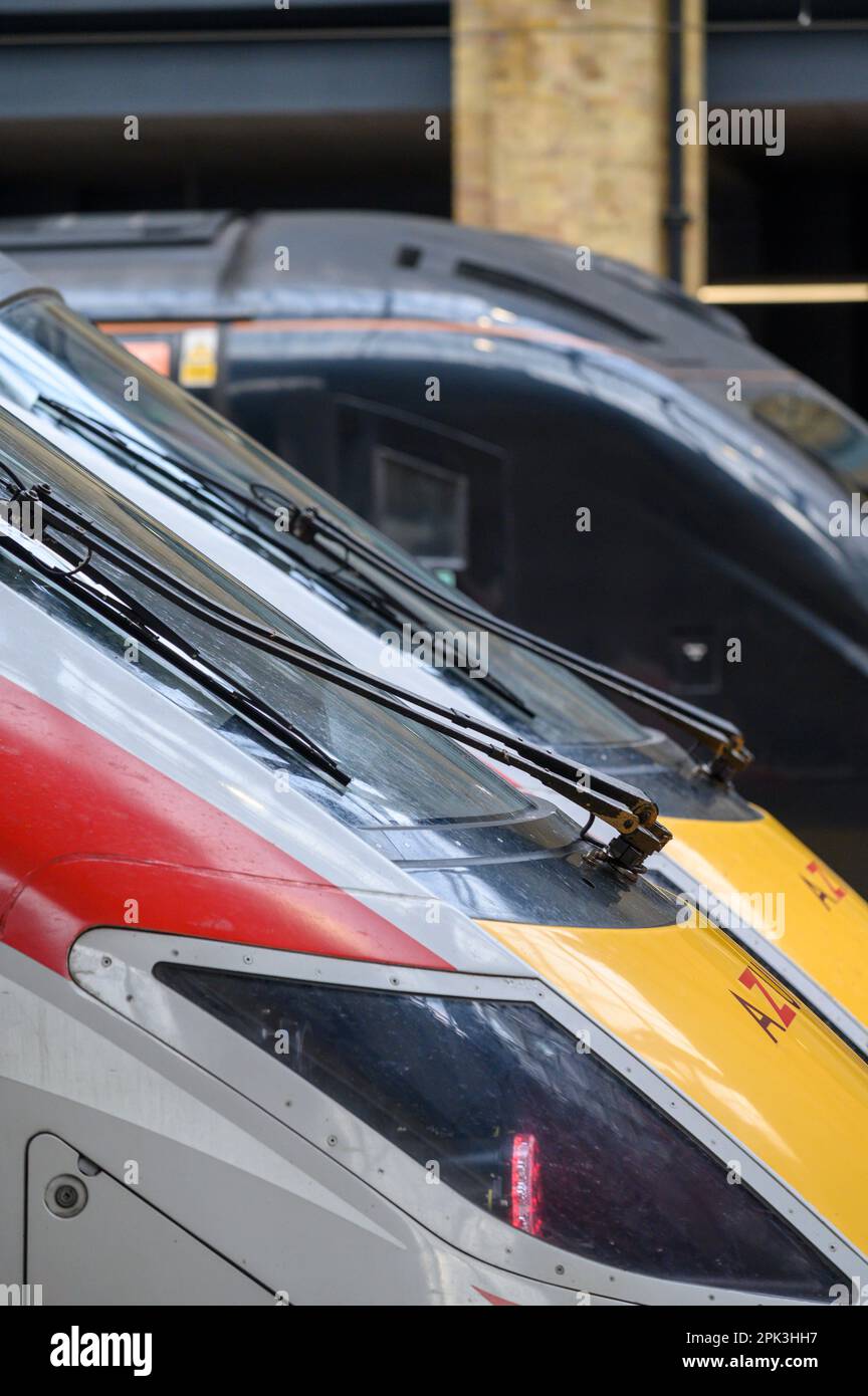 Close up of the front of LNER Azuma high speed trains at London Kings ...