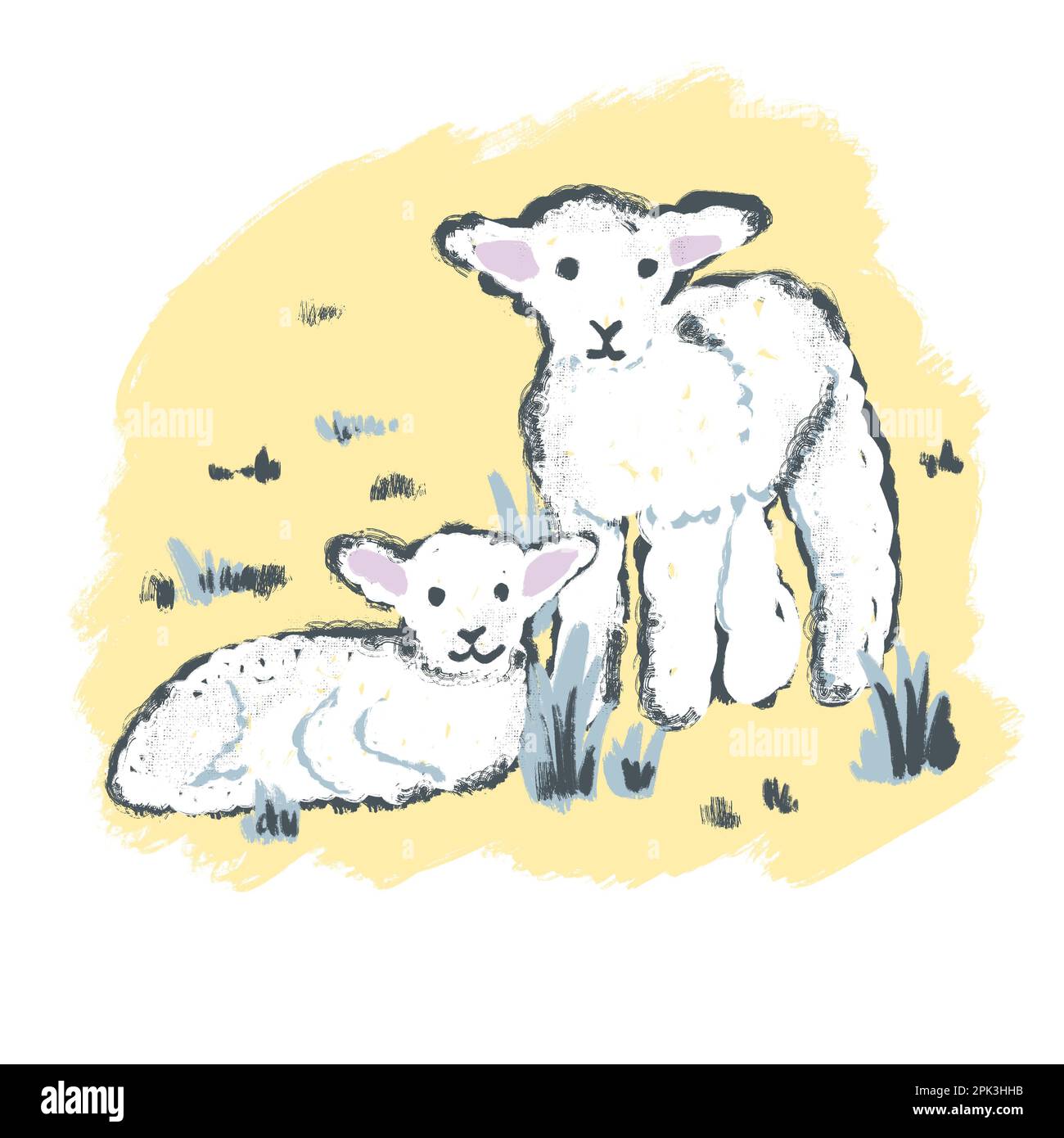 Hand drawn illustration of cute white lamb sheep in spring. Easter ...