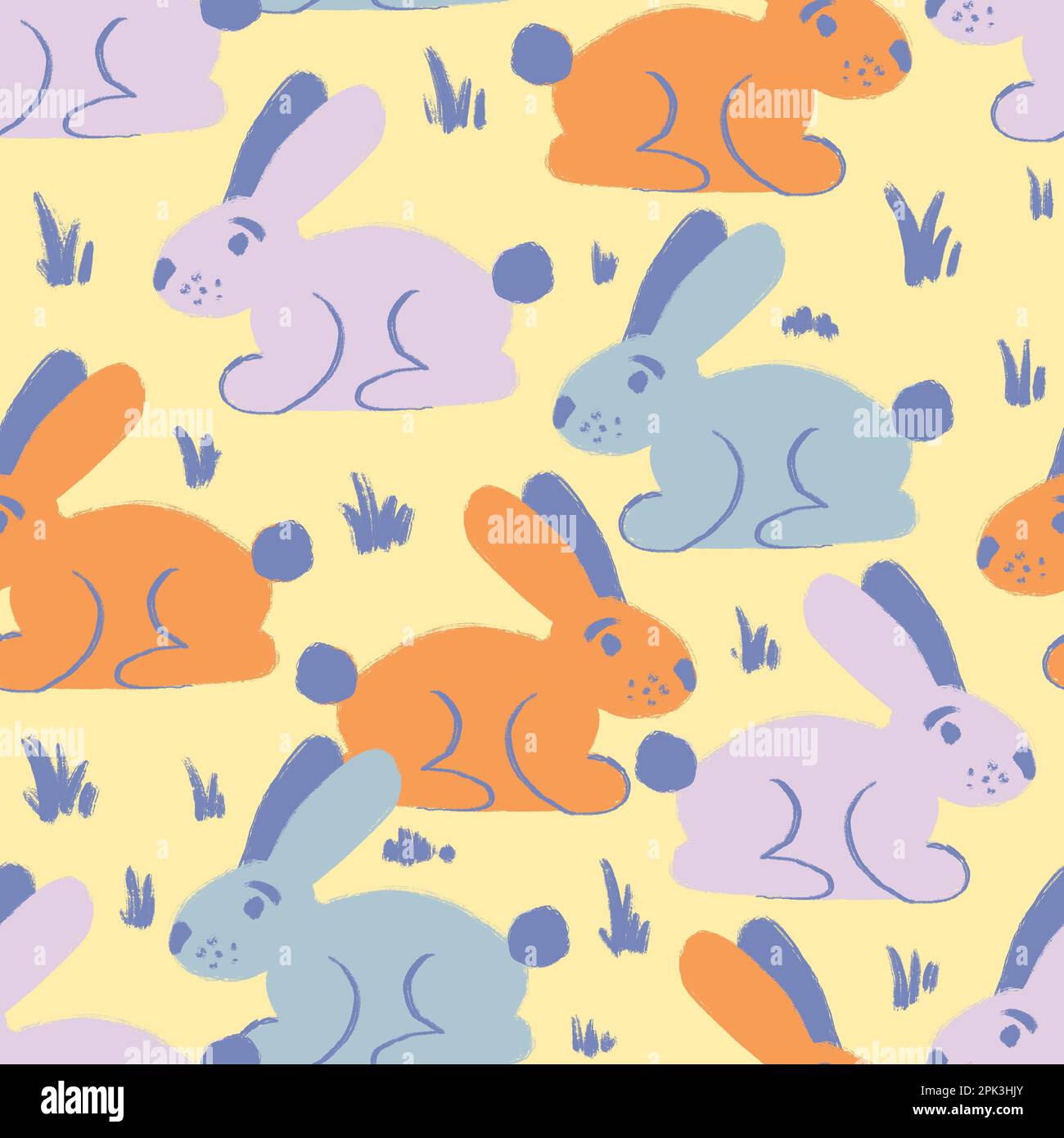 Hand drawn seamless pattern with orange blue purple Easter rabbit ...