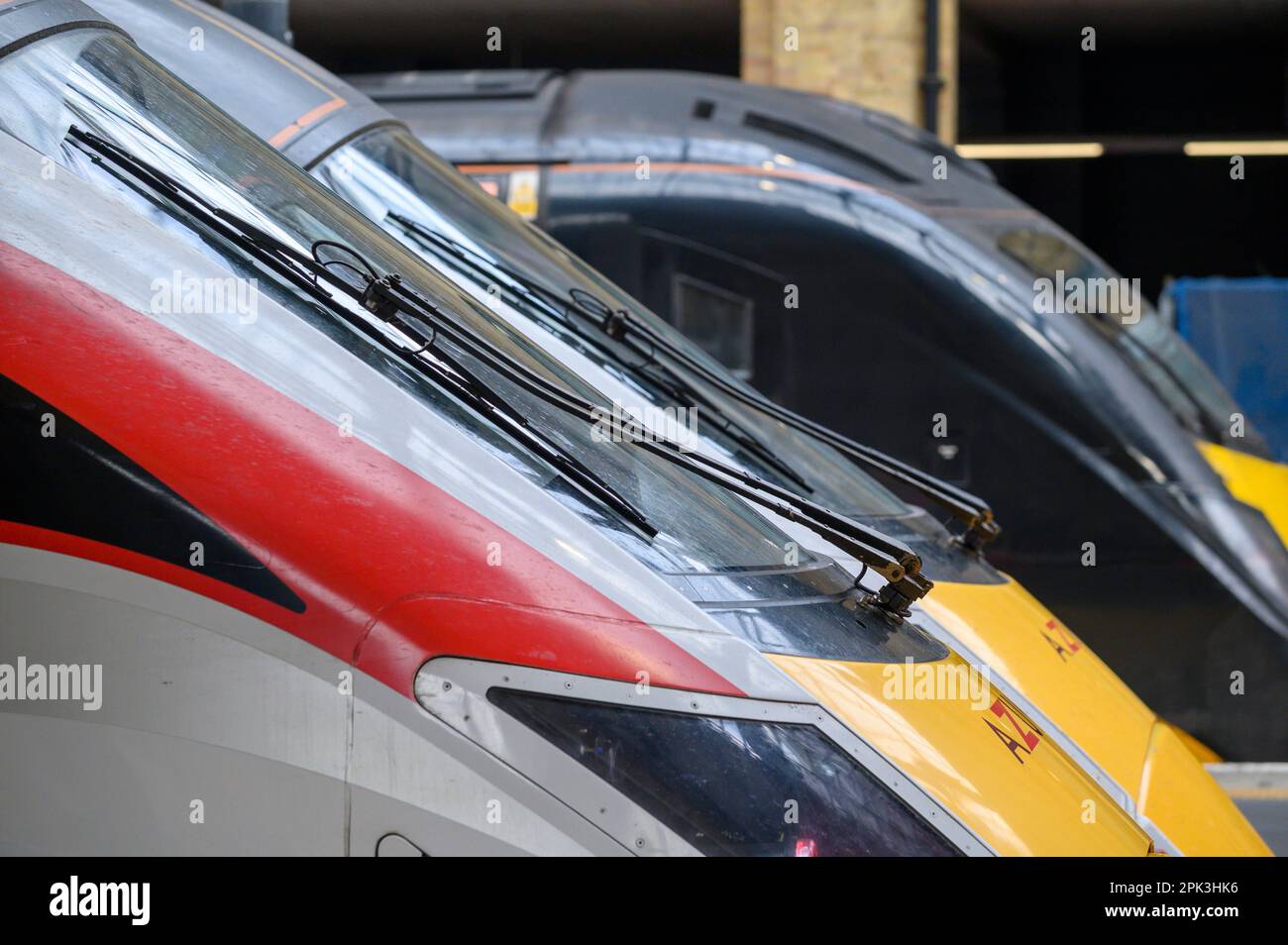 Close up of the front of LNER Azuma high speed trains at London Kings Cross station, on the east ...