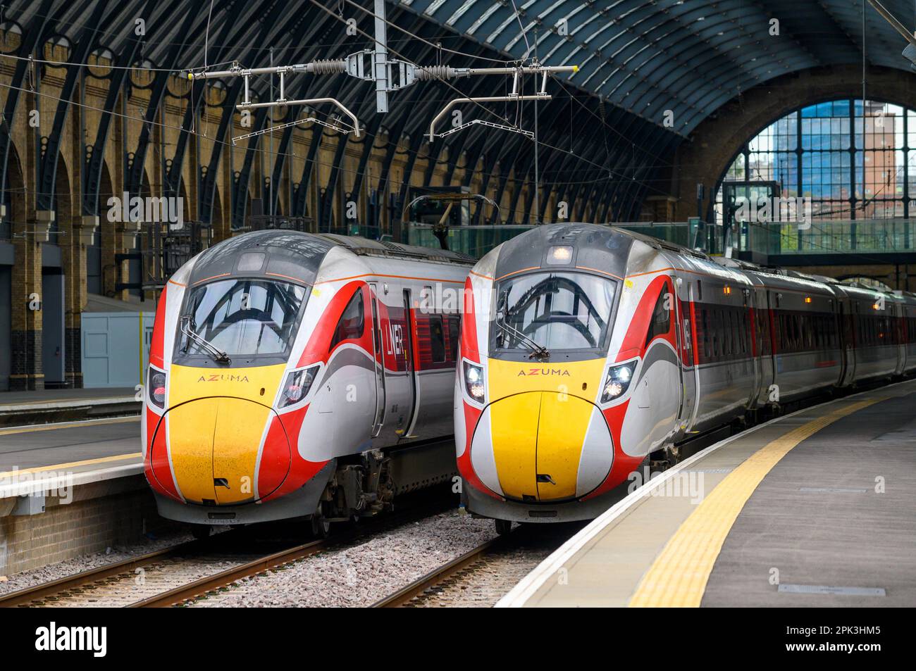 Pair of Azuma high speed trains in LNER livery waiting at Kings Cross ...