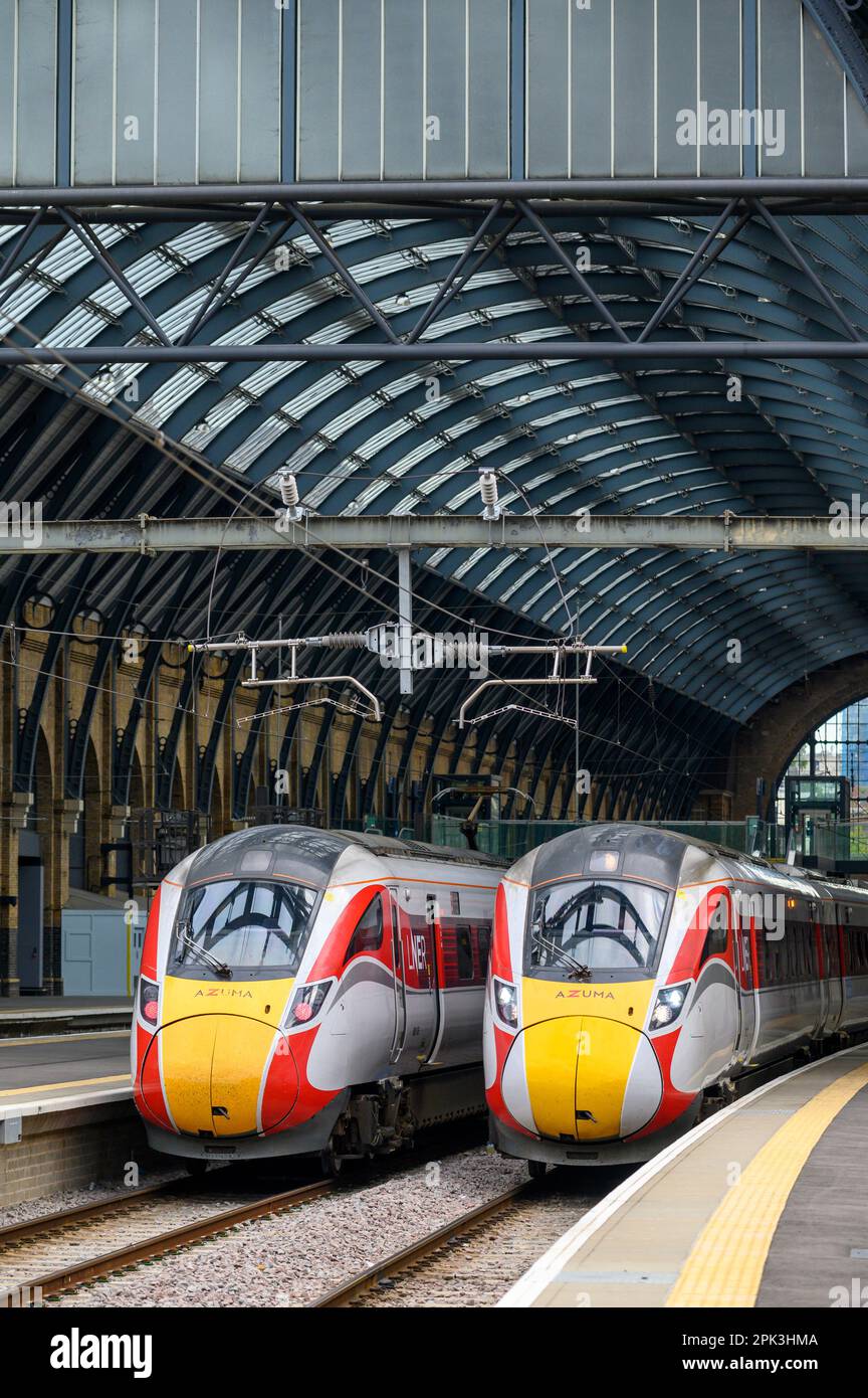Pair of Azuma high speed trains in LNER livery waiting at Kings Cross railway station, London ...