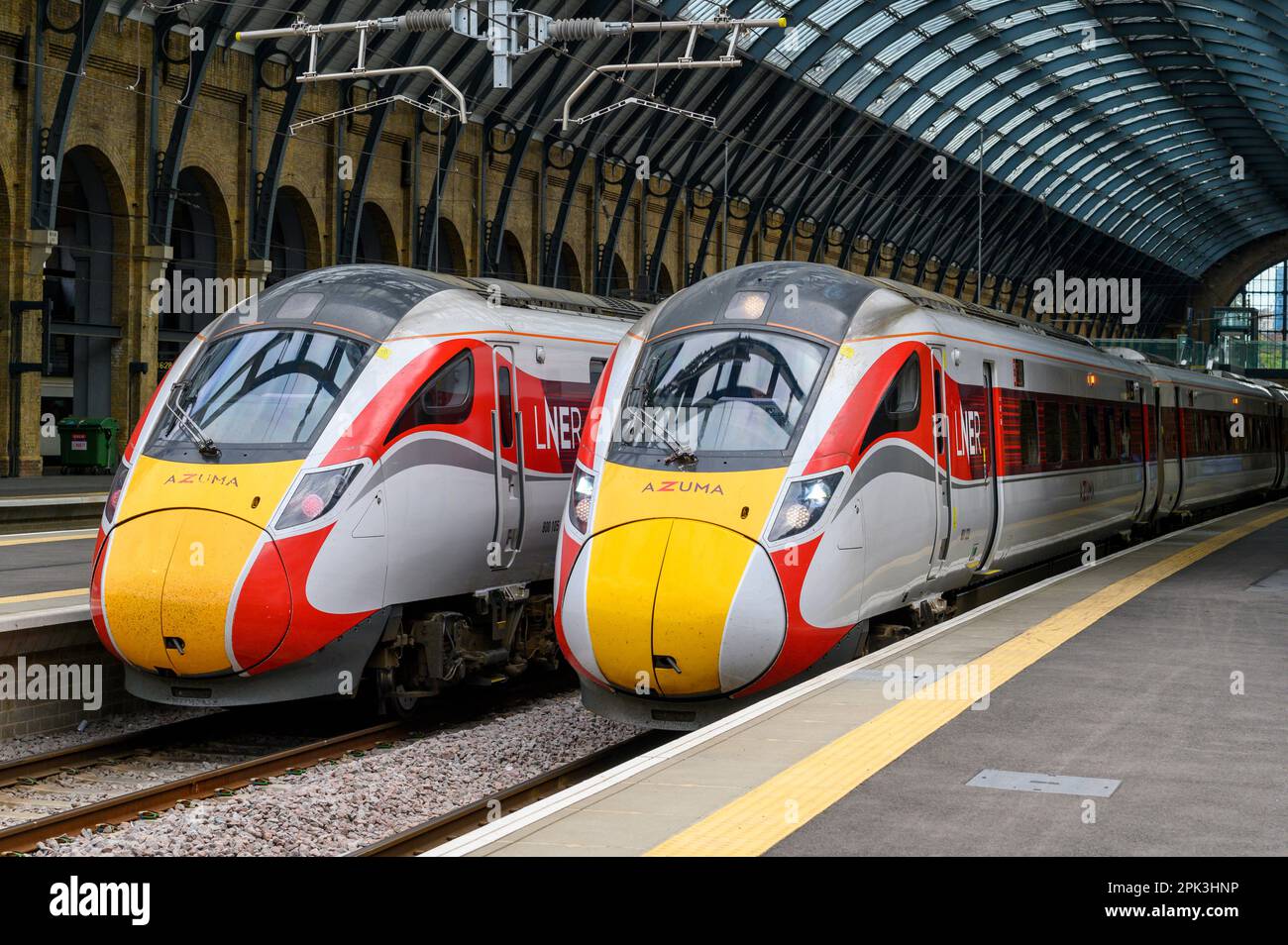 Pair of Azuma high speed trains in LNER livery waiting at Kings Cross railway station, London ...