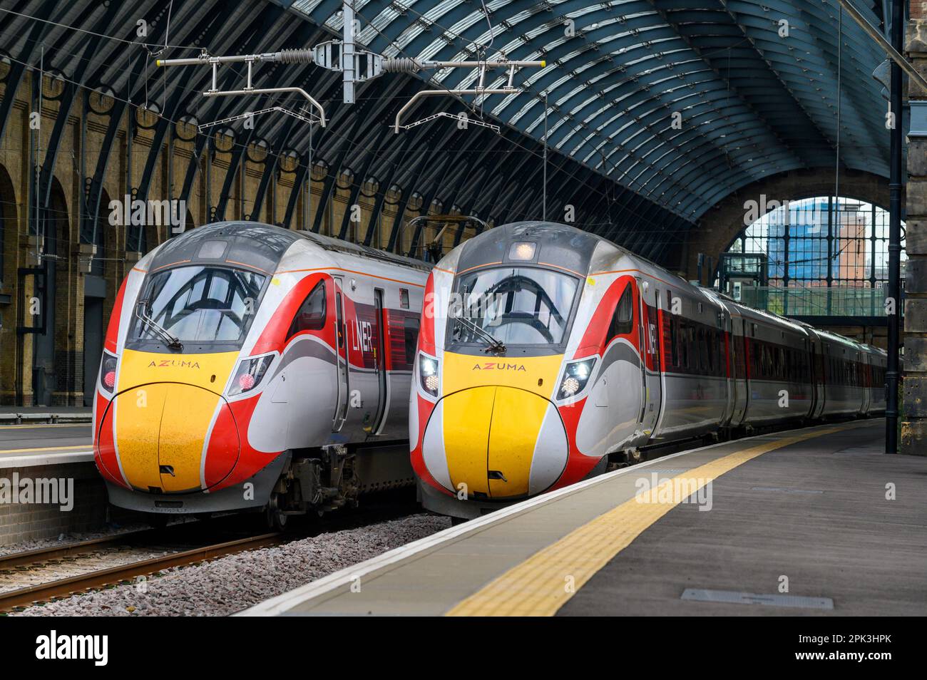 Pair of Azuma high speed trains in LNER livery waiting at Kings Cross ...