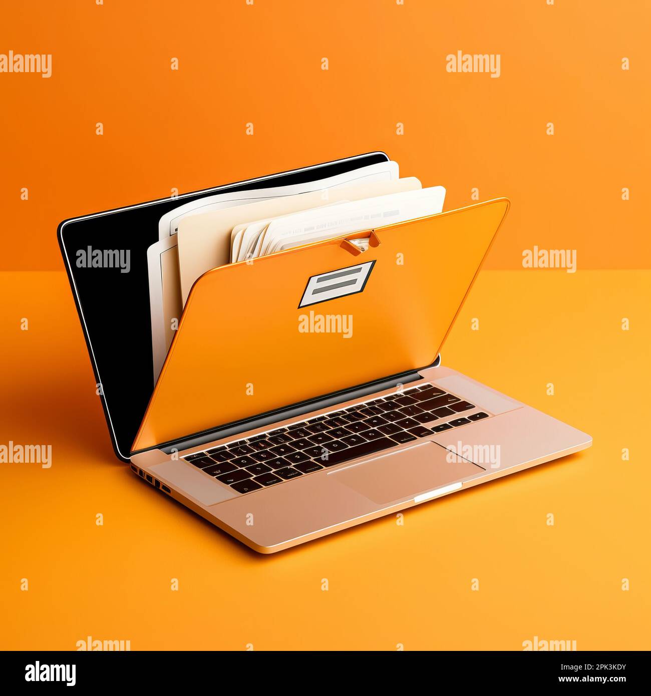 Folder in laptop on orange background. Illustration Stock Photo - Alamy