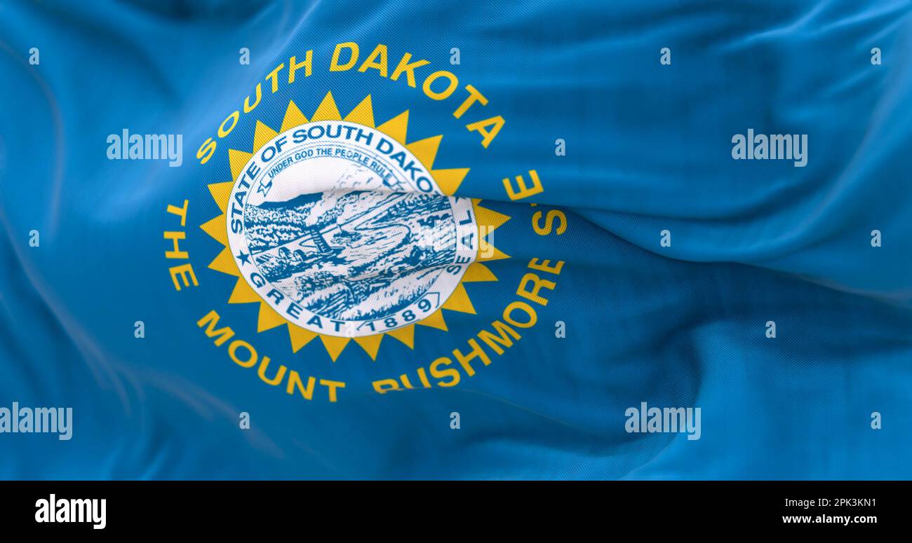 Close-up of South Dakota flag waving in the wind. Sky blue field with ...