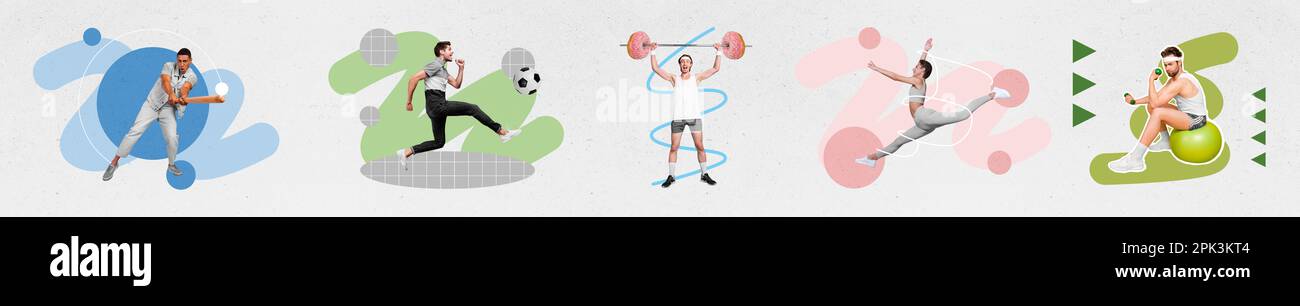 Panorama photo collage cadre of young sportive people fit gym concept ...