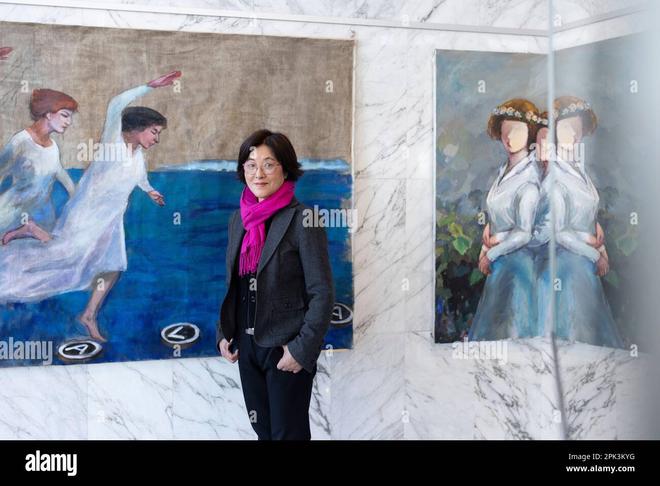 Ljubljana, Slovenia. 5th Apr, 2023. Chinese artist Wang Huiqin poses for a photo during her ...