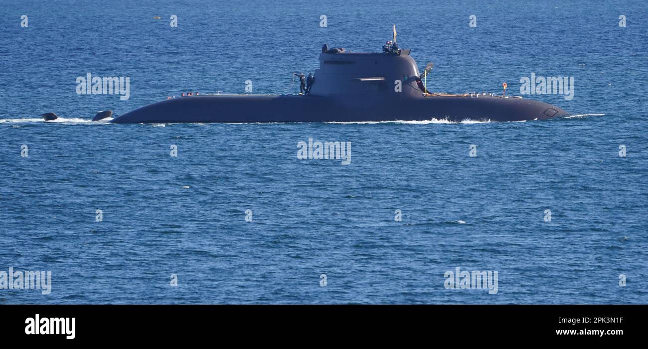 05 April 2023, Schleswig-Holstein, Eckernförde: A Navy Class 212 ...