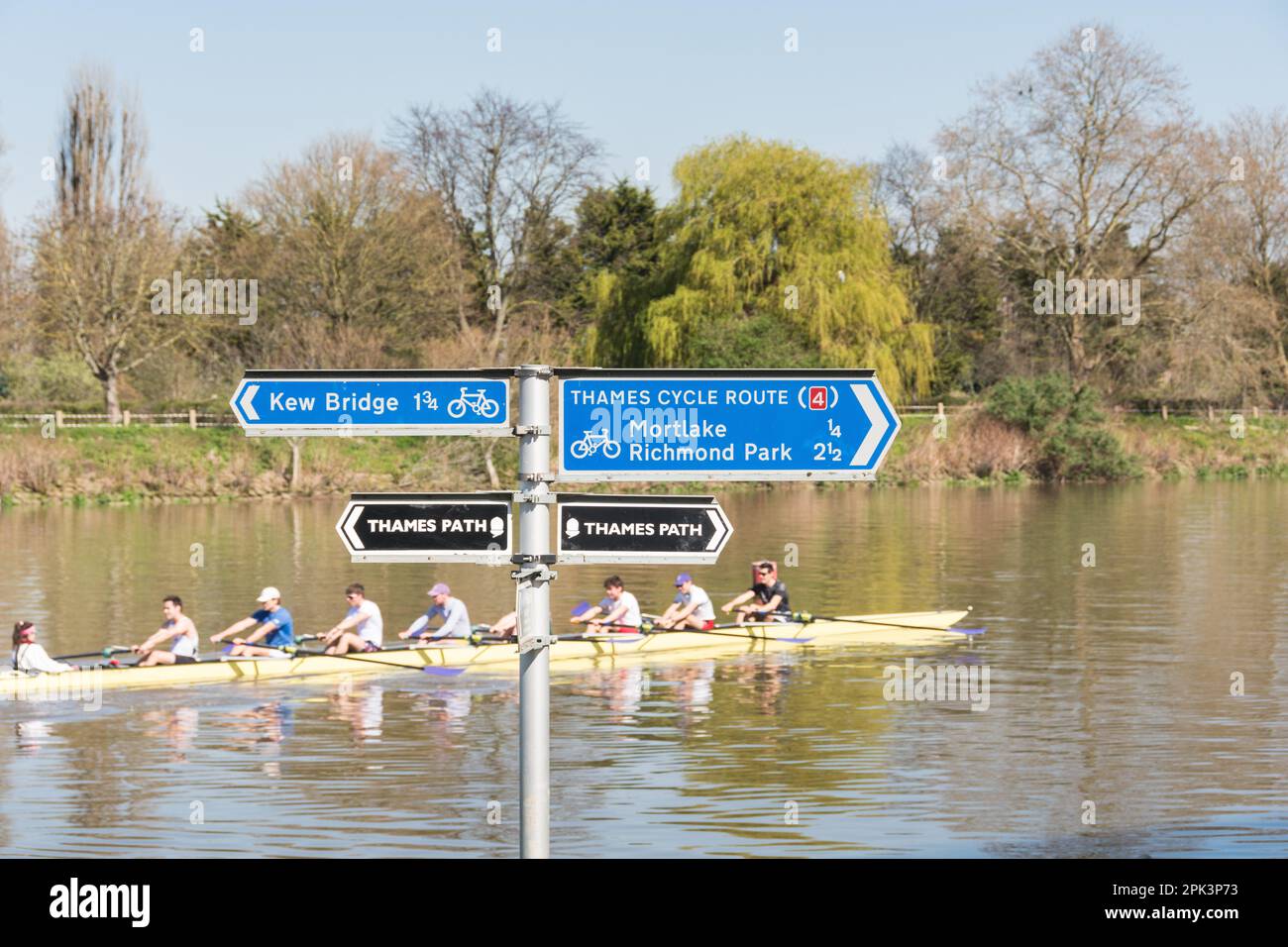 A coxed eight passing Thames Path directional signage on the towpath at ...