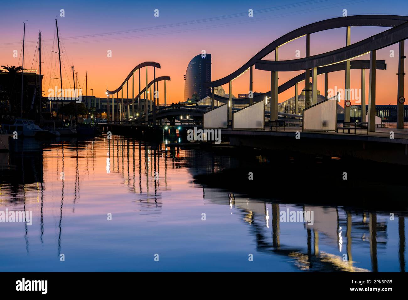 Port Vell (old harbor) of Barcelona and Hotel W Vela in the early ...