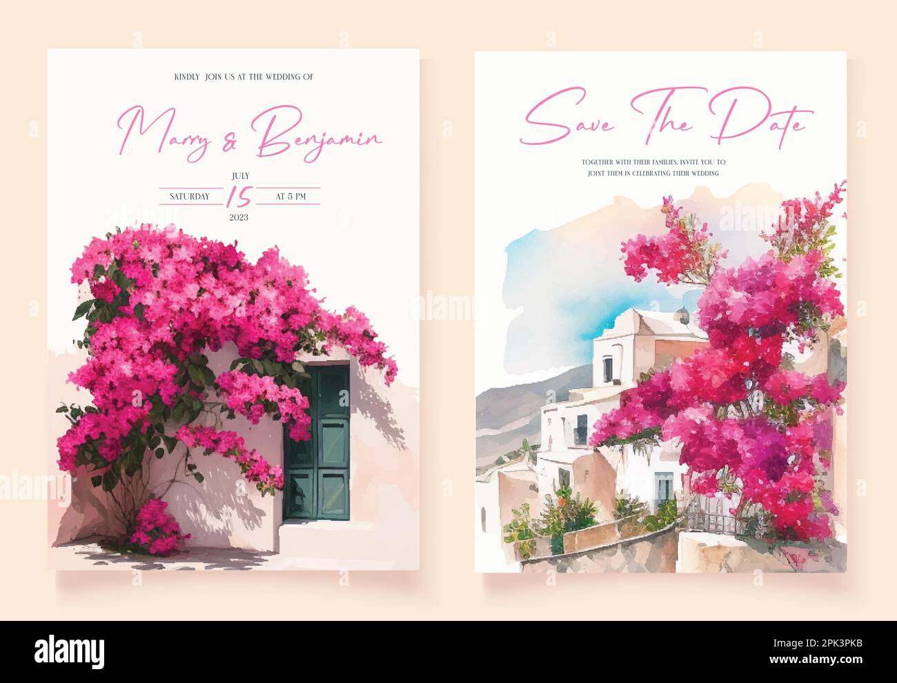 Set of wedding invitation with hand drawn watercolor spring pink ...