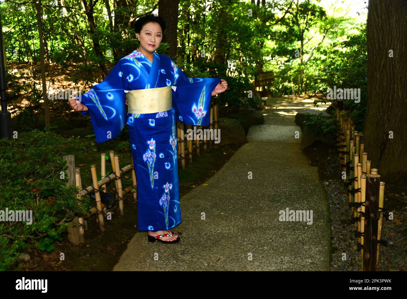 Beautiful Japanese woman wearing a blue Yukata Stock Photo - Alamy