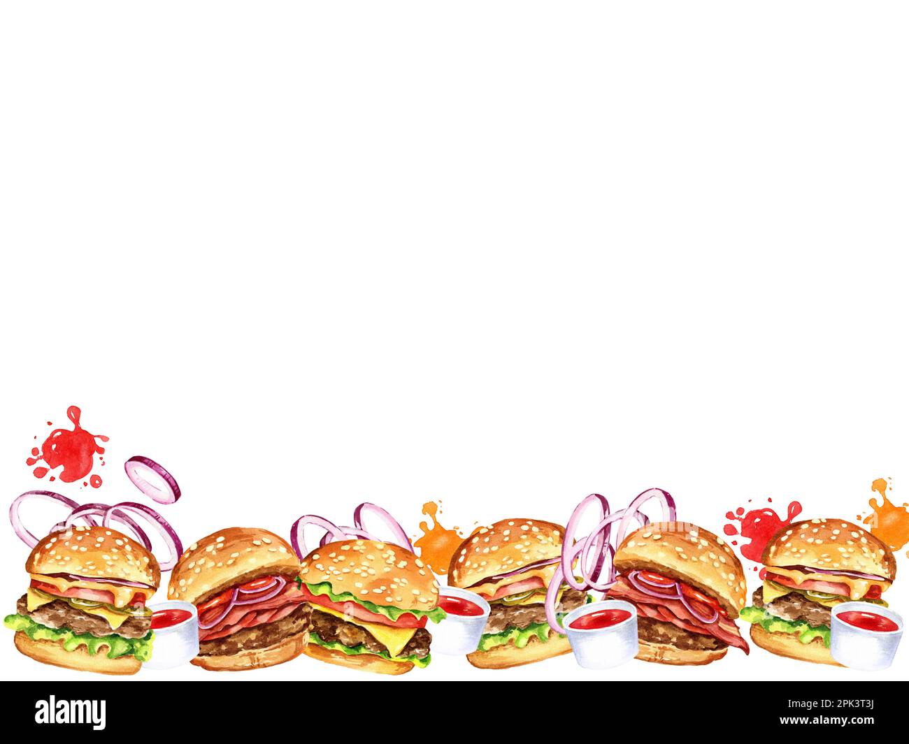 horizontal border with different tasty burgers, onion, sause, splashes ...