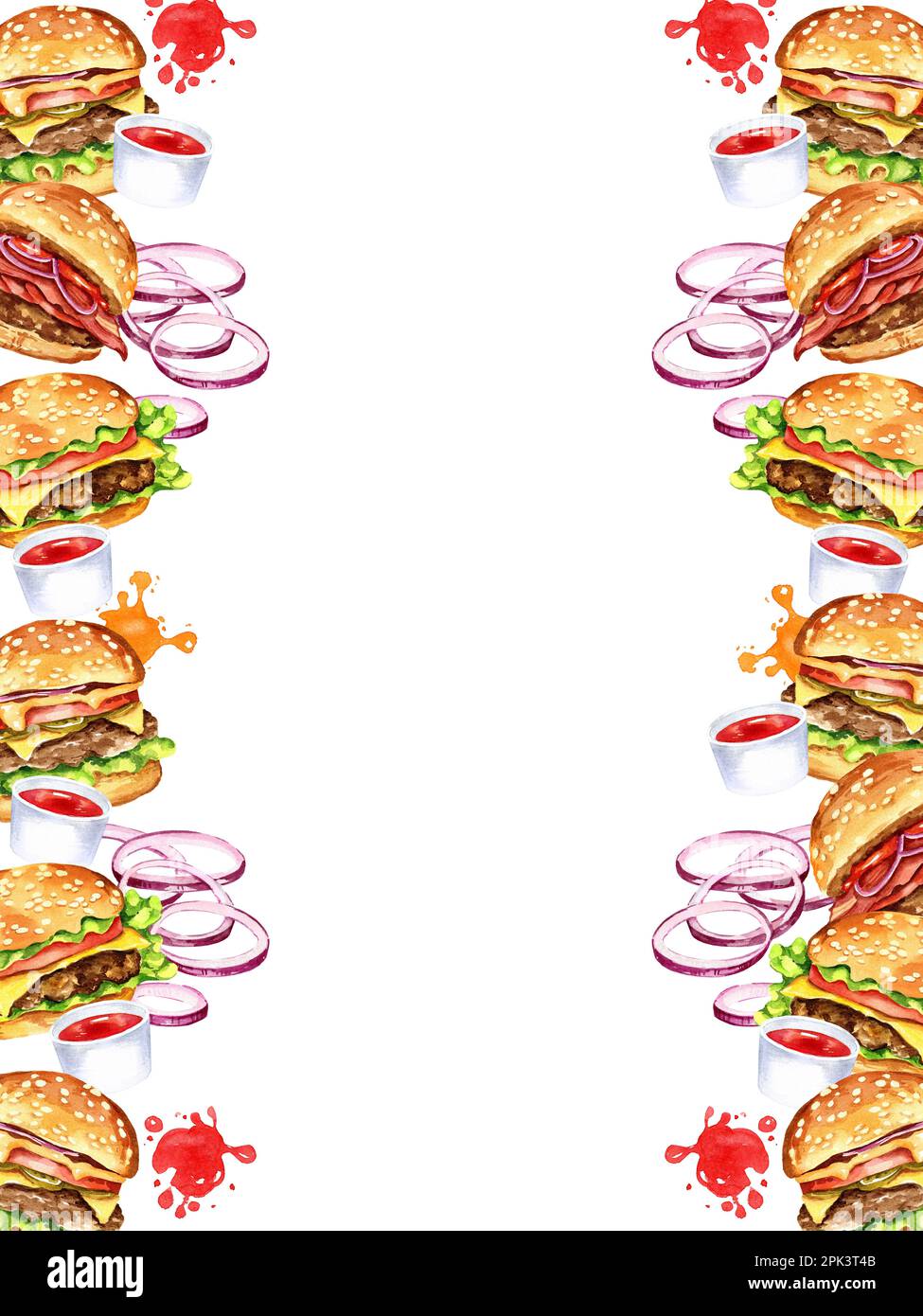 vertical border with different tasty burgers, onion, sause, splashes ...