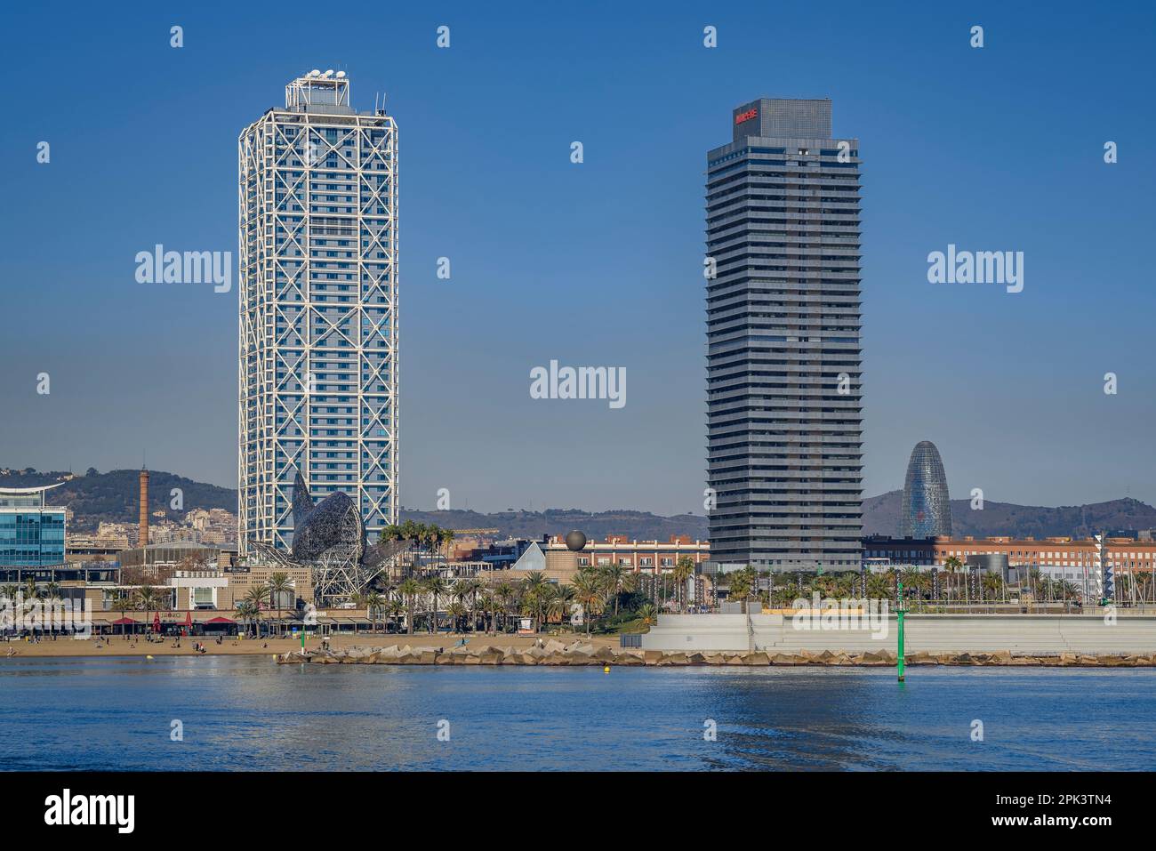 The Mapfre Tower and the Hotel Arts of the Olympic Port of Barcelona on ...