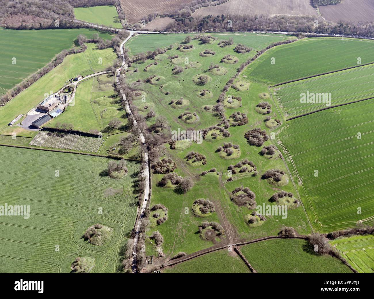 aerial view of bell pits - Iron mining shaft mounds and medieval ...