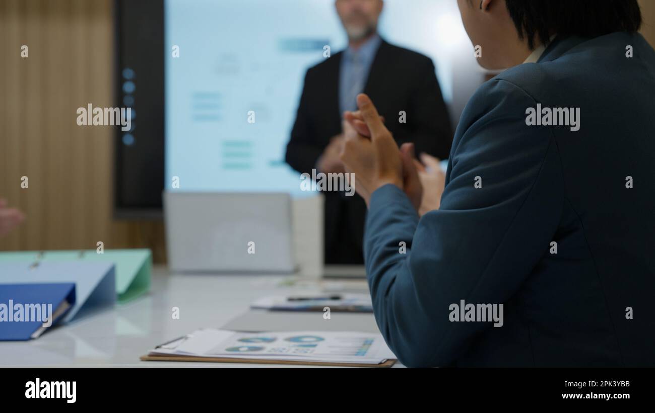 Happy business employees team clapping hands with praise Stock Photo ...