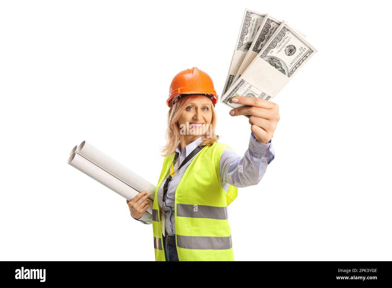 Female engineer with a safety vest and hardhat holding blueprints and ...