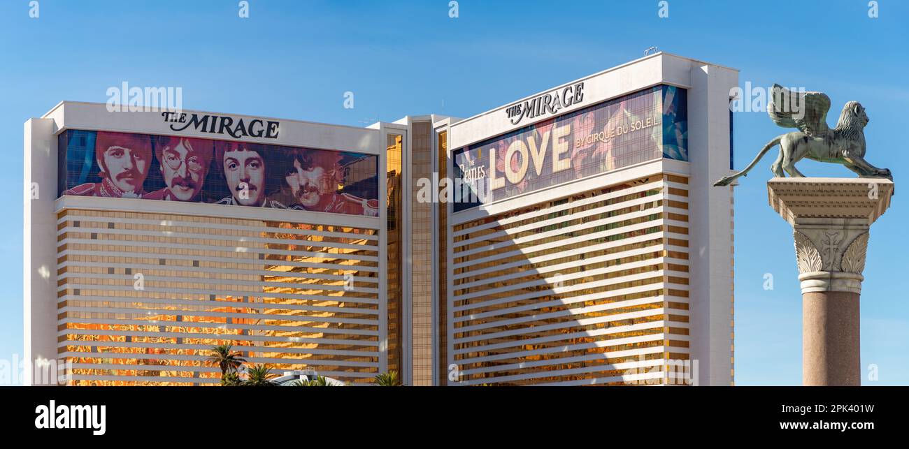 A picture of the Mirage with a large ad of the show Love by Cirque du ...