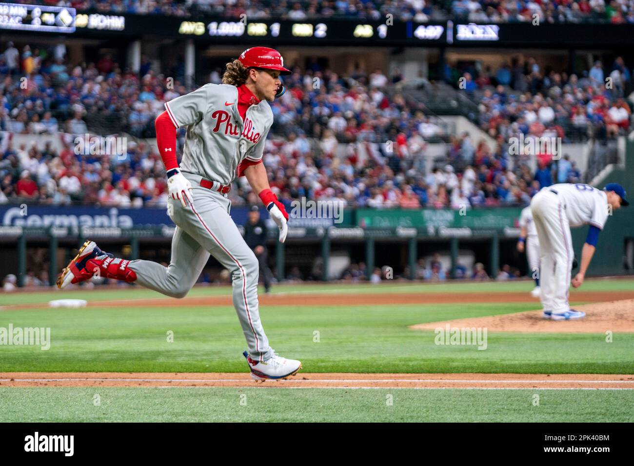 Philadelphia Phillies' Alec Bohm runs to first during an opening day ...