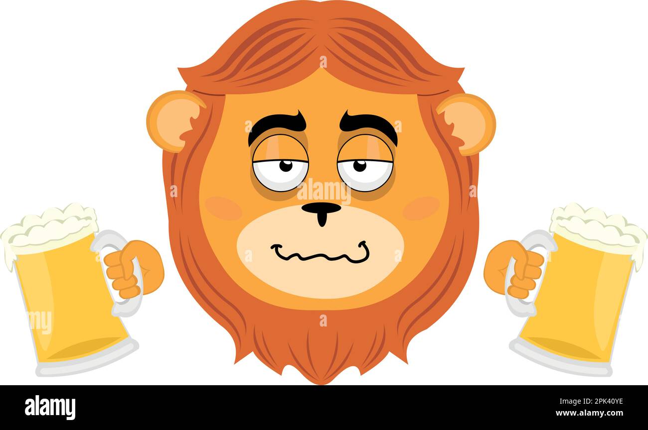 vector illustration face of a drunk cartoon lion with beers in his hands Stock Vector Image ...