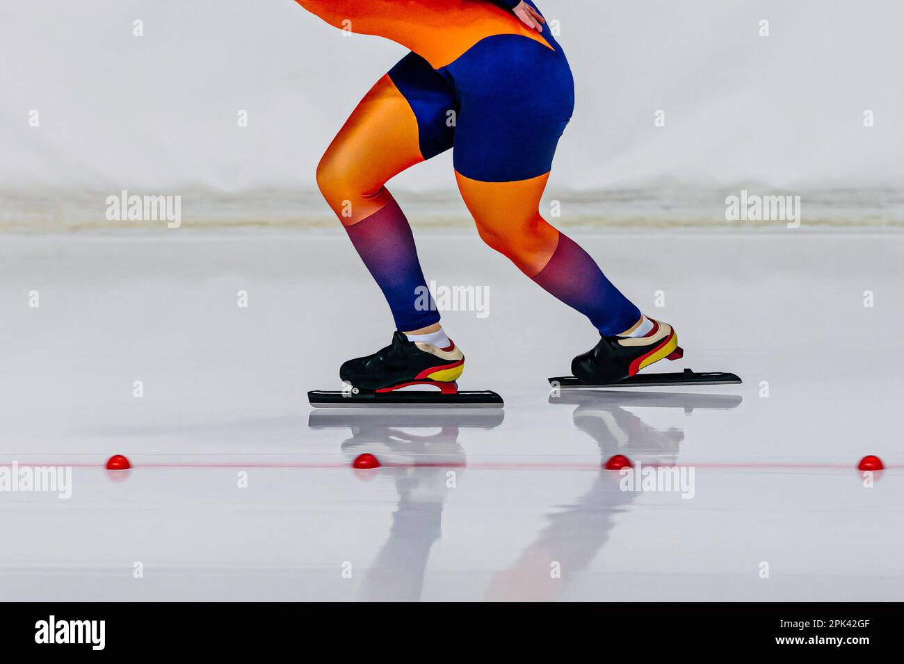female skaters in bright skin suit run race in speed skating ...