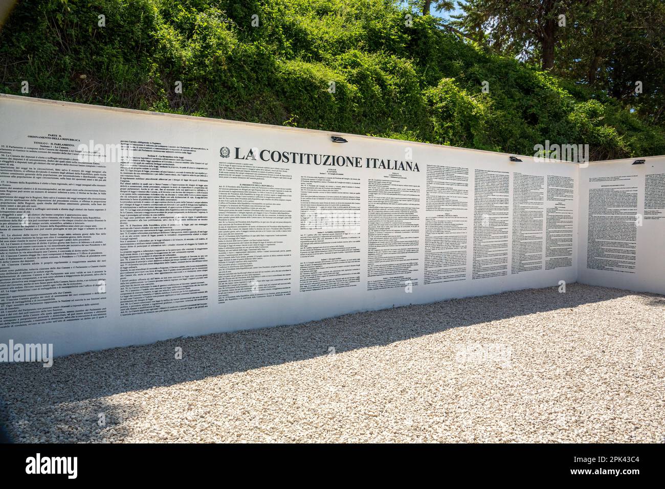Italian Constitution printed on a white wall in the town of Aielli ...
