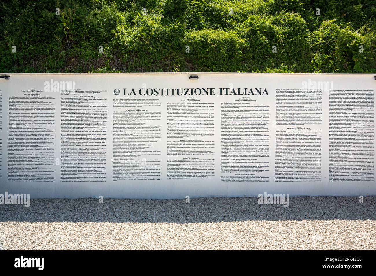 Italian Constitution printed on a white wall in the town of Aielli ...
