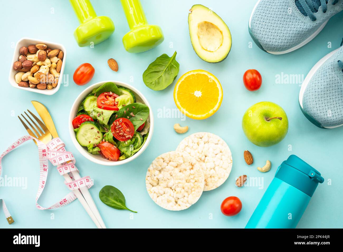 Diet food, healthy lifestyle and fitness background on blue Stock Photo ...