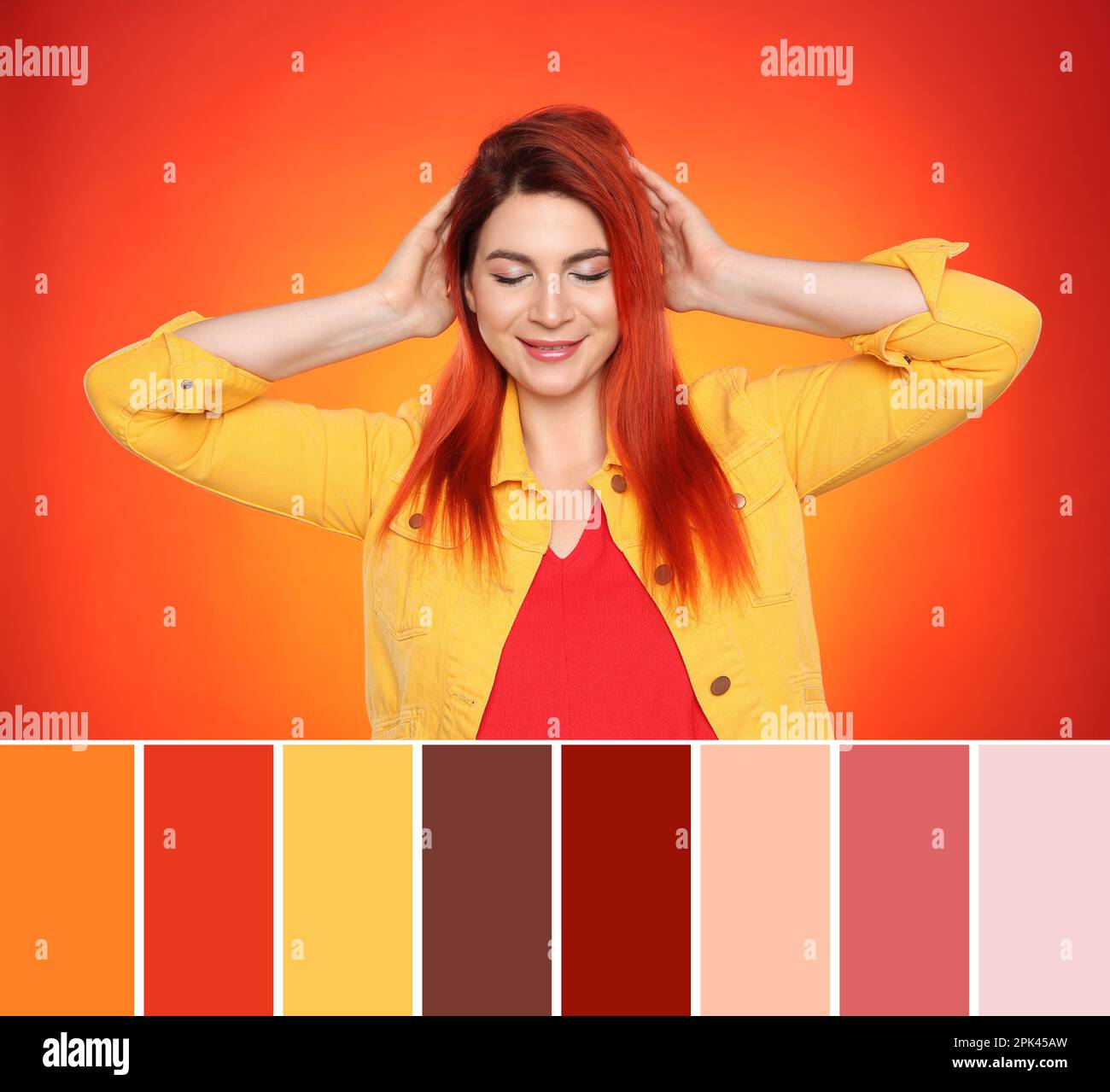 Color palette and young woman with bright dyed hair on red background ...