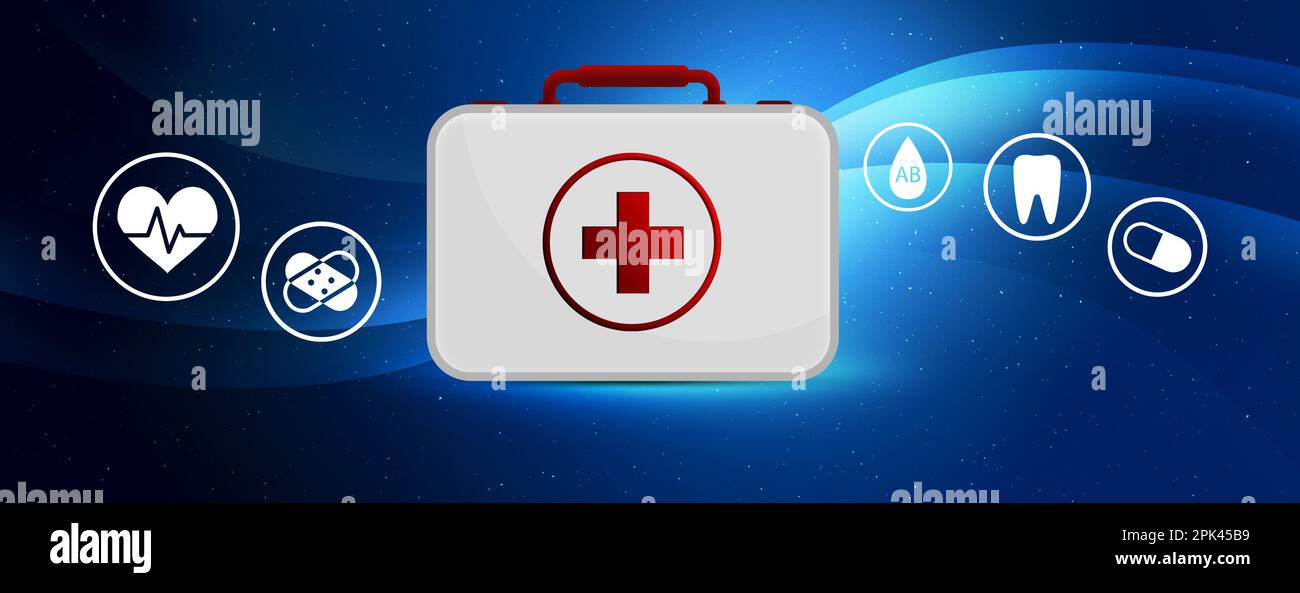 First aid kit and different icons on blue background, illustration ...