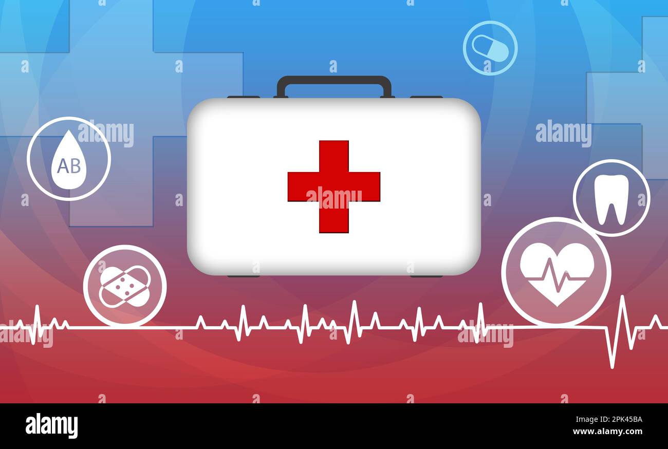 First aid kit and different icons on color background, illustration ...
