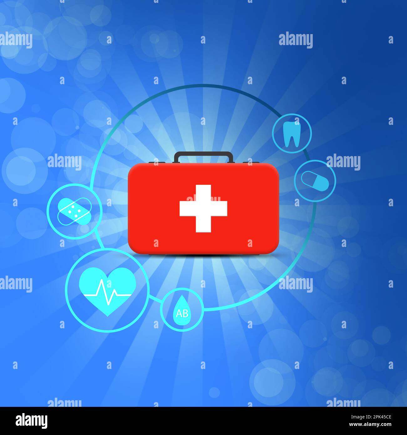 First aid kit and different icons on blue background, illustration ...