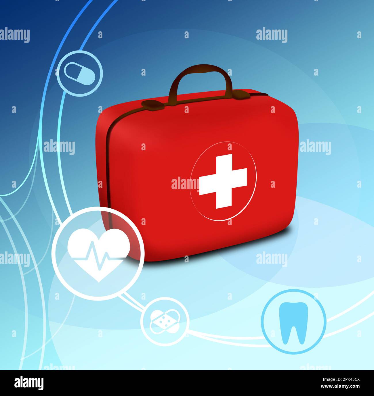 First aid kit and different icons on blue background, illustration ...